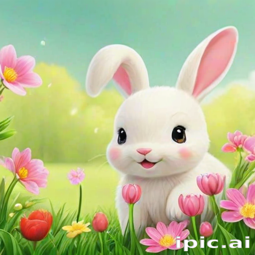 A Cute White Bunny Playing Among Colorful Flowers in a Sunny Meadow.