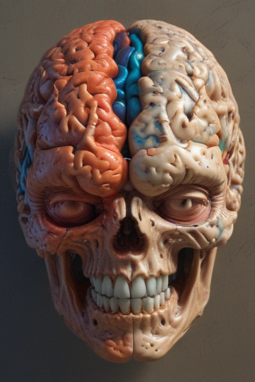 Artistic Representation of a Skull Merged with a Colorful Brain Model