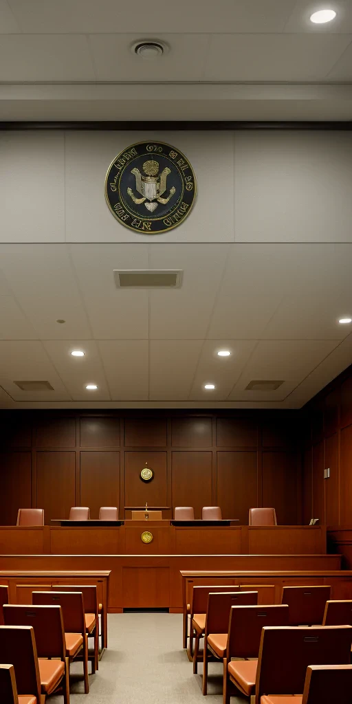 Interior View of a Courtroom with Seal and Wooden Furniture Design