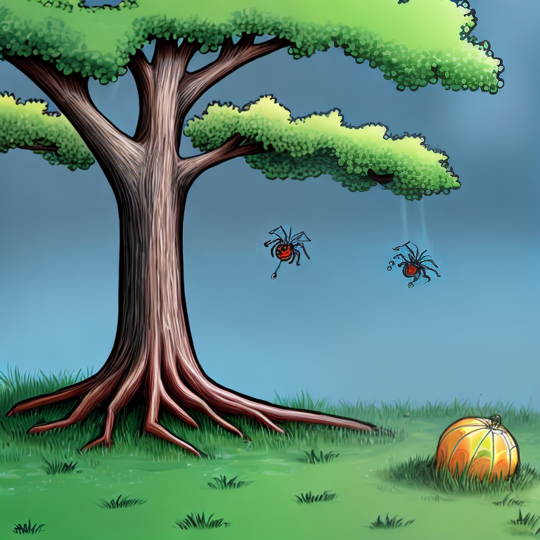 the spiders were washed away from the tree by the rain, cartoon style
