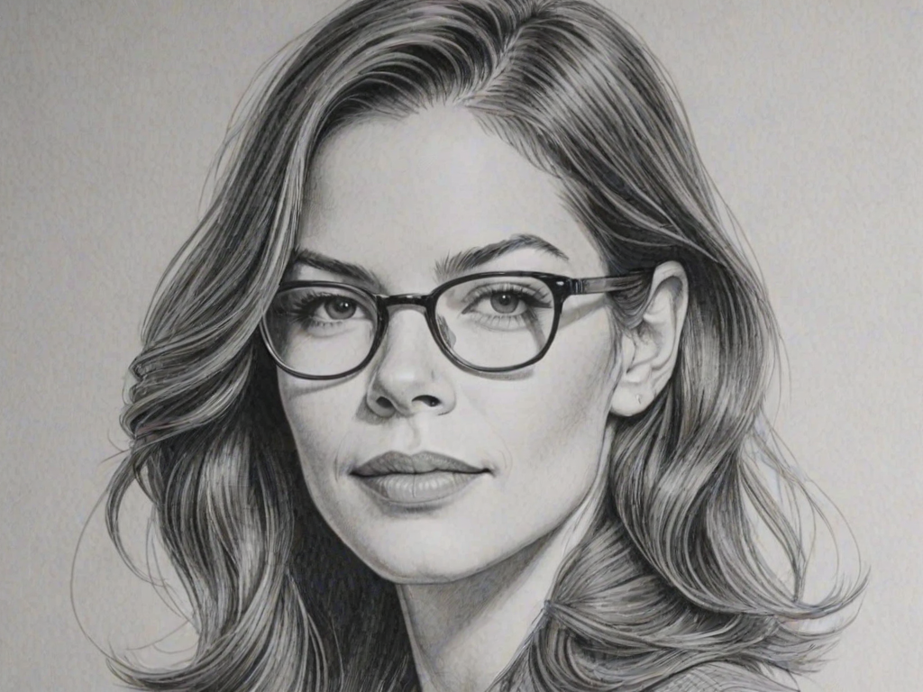 Detailed Pencil Sketch of a Woman with Glasses and Wavy Hair
