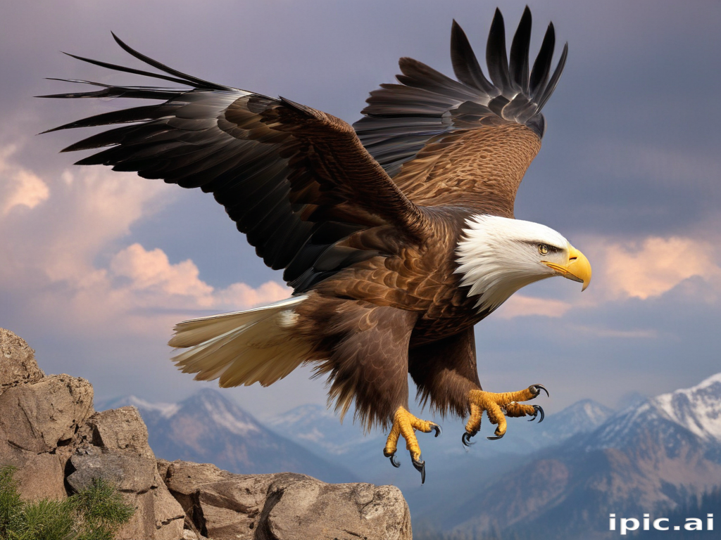 Majestic Bald Eagle Soaring Through the Sky Over Mountainous Landscape.