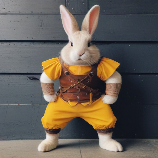 a rabbit in a warrior costume ready to jump