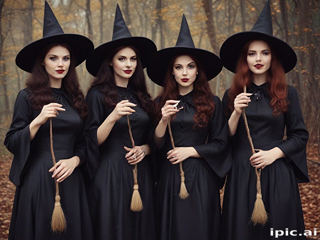 Four Enigmatic Witches in Black Robes Gathered in a Misty Forest