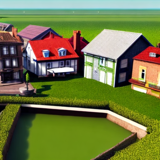 a 3d pixar disney style, walled houses with flooded street, people