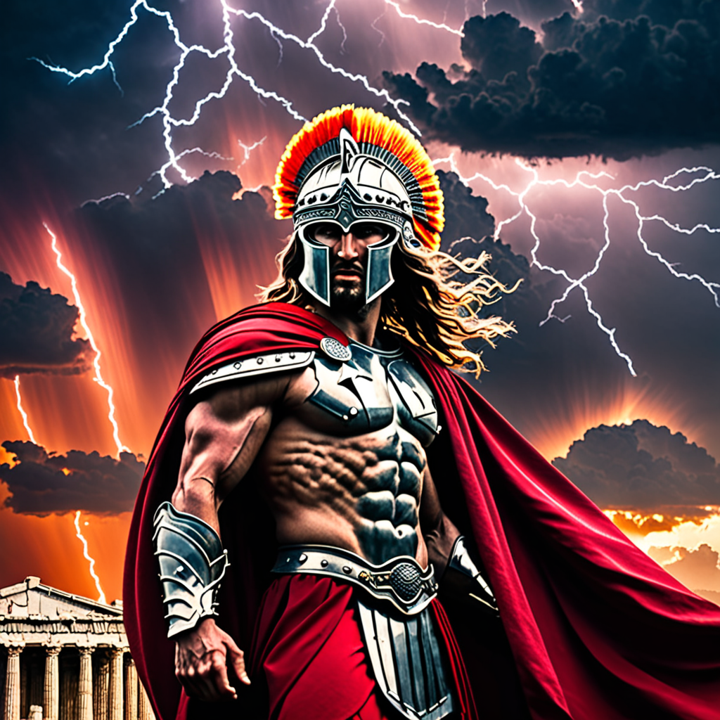 an ancient Spartan warrior with long hair with red cloak, in the style ...