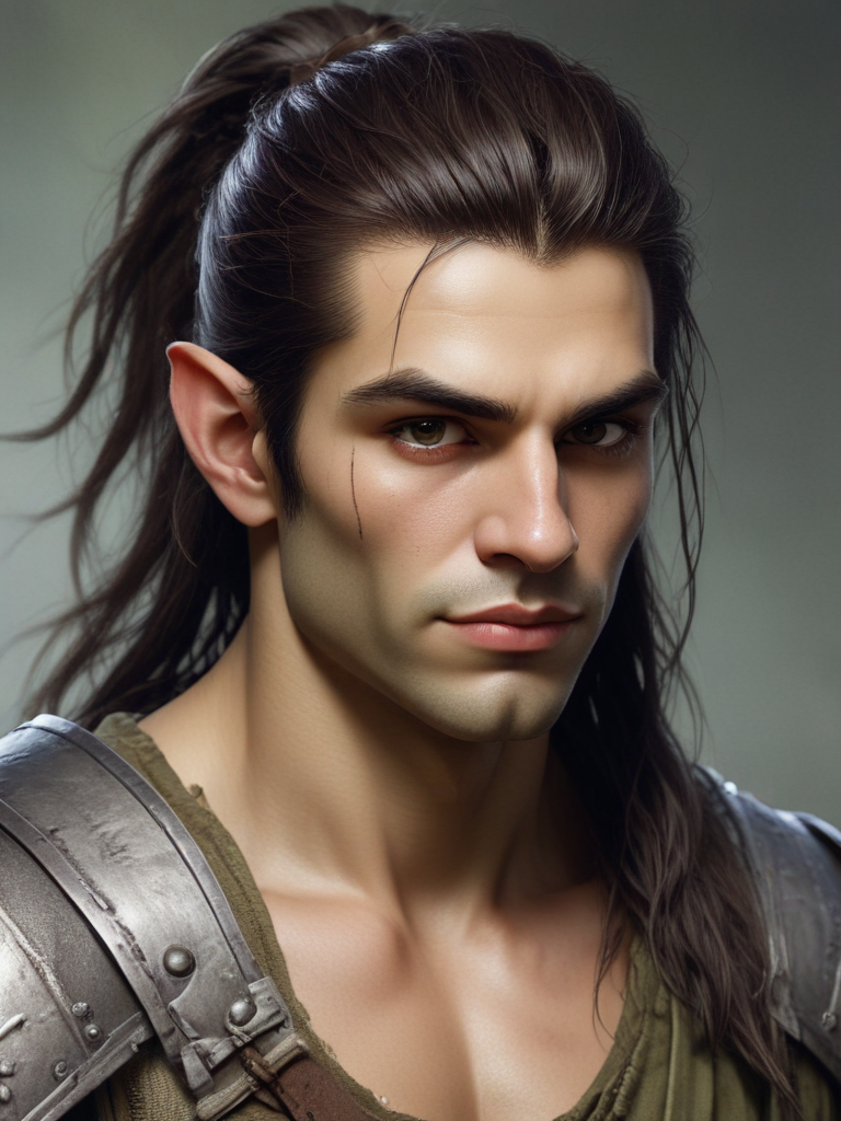 A youthful half-orc male, possessing verdant skin, steely grey eyes ...