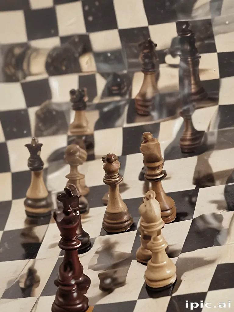 Chess Pieces Strategically Arranged on a Reflective Warped Board Surface