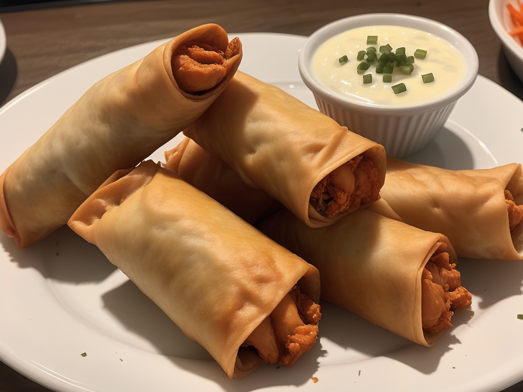 Deliciously Crispy Chicken Spring Rolls Served with Creamy Dipping Sauce.