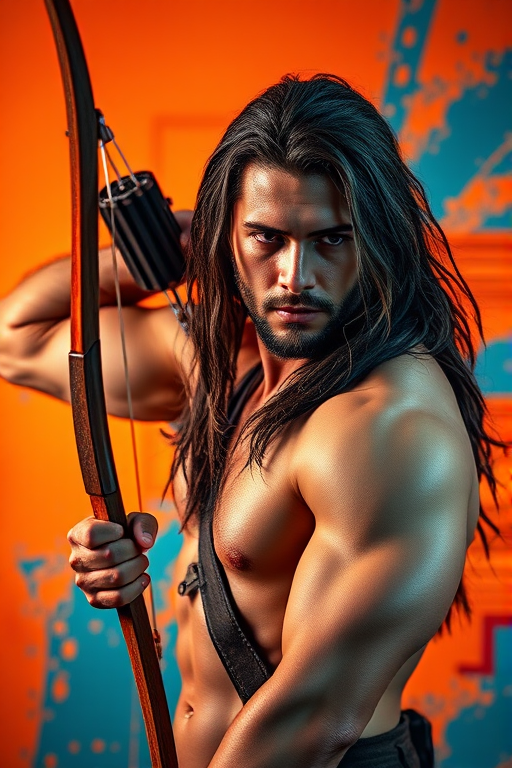 A Fierce Archer Stands Ready with a Bow Against a Vibrant Background.