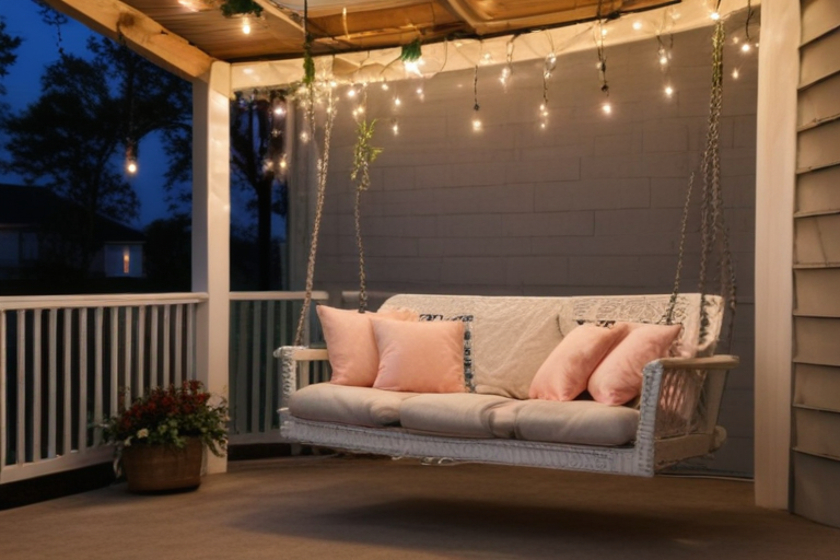 Realistic porch swing with flowers and hanging lights