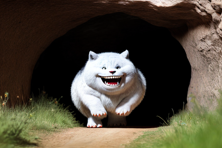 fluffy cute fat monster with teeth in a cave