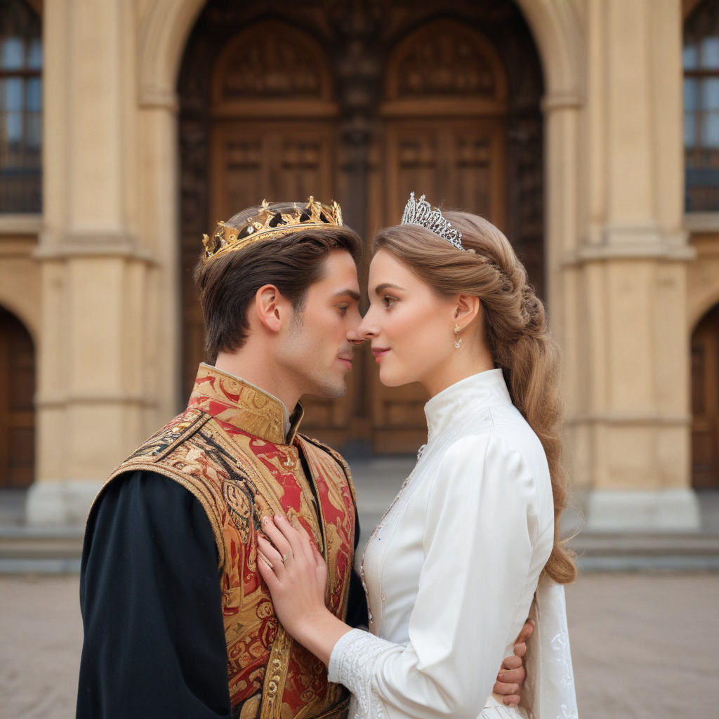 princess and prince look into eyes in front of the palace