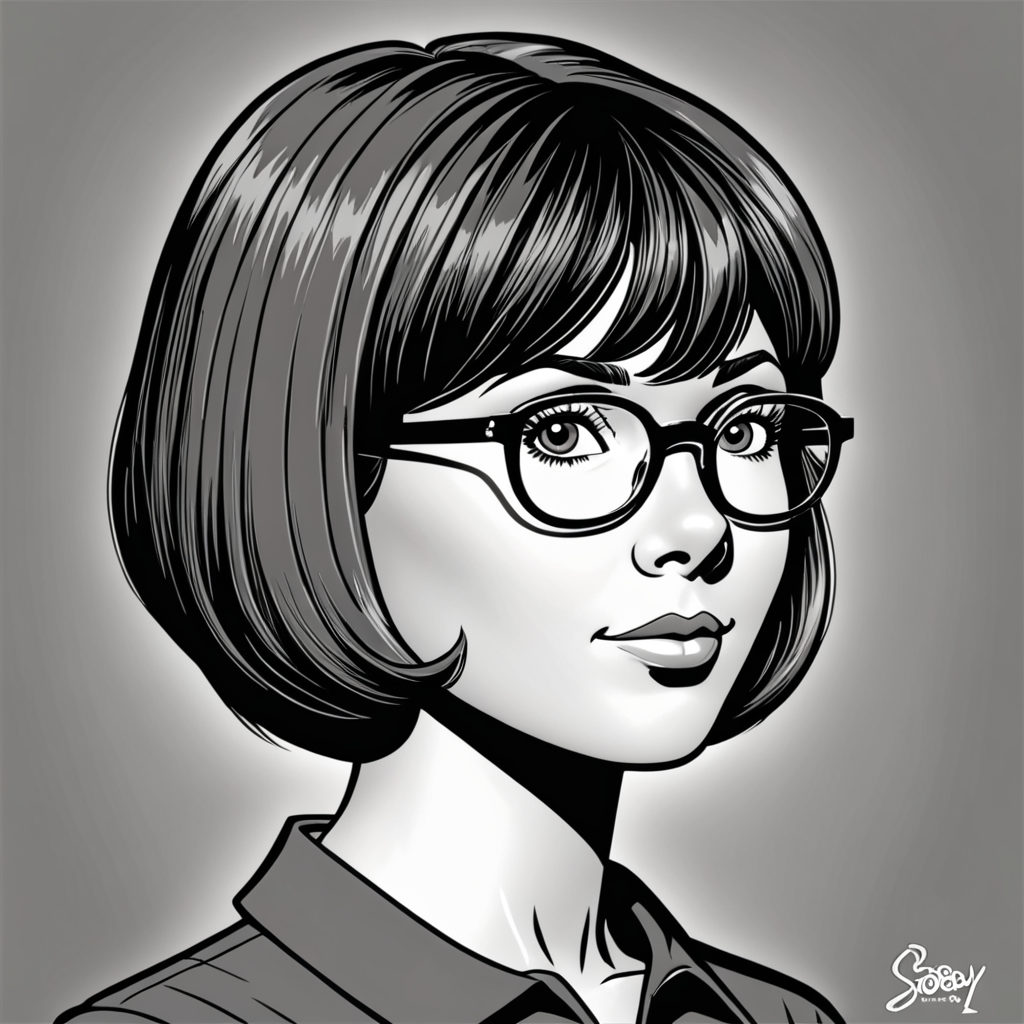 Velma Dinkley fron cartoon Scooby-Doo line art. Profile view.