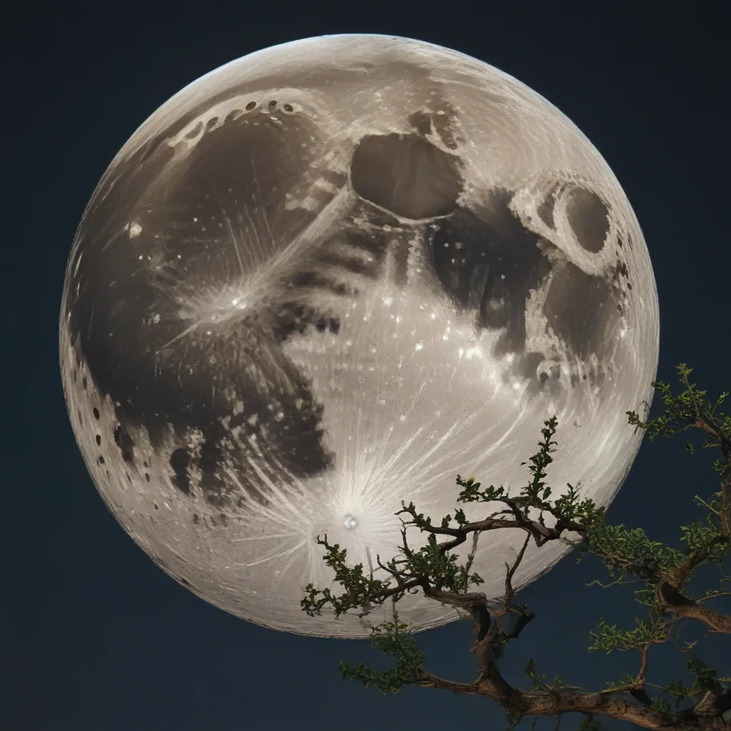 Majestic Full Moon Illuminating the Night Sky Behind a Leafy Tree.