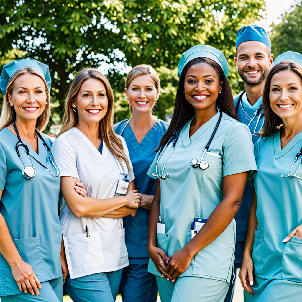 a group of nurses outside smiling on a sunny day