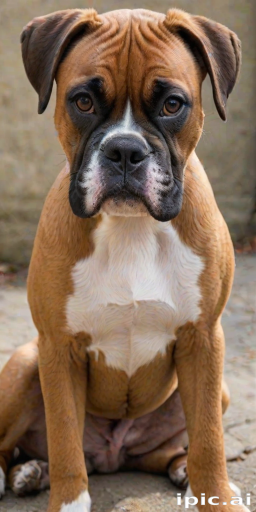 A Playful Boxer Dog Sitting Calmly with a Serious Expression Outdoors.