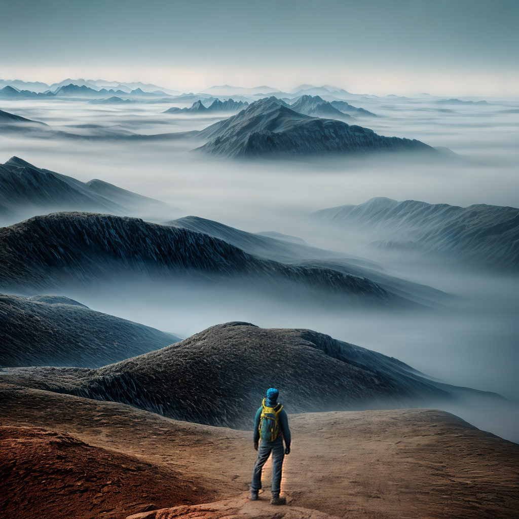 a male explorer looking out on a vast new frontier that is shrouded in mist