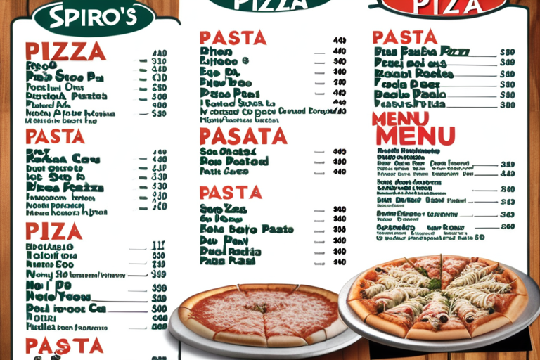 Menu Featuring a Variety of Pizzas and Pastas at Spiro's Restaurant