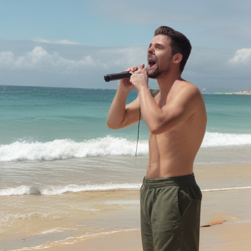 a man singing on a beach