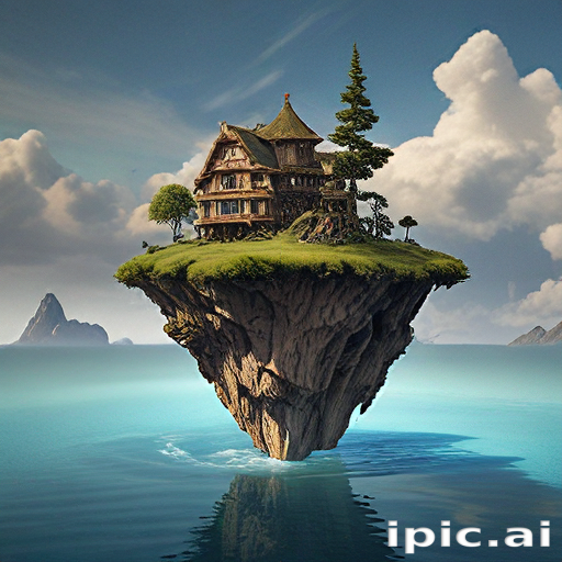 Whimsical Floating Island Home Surrounded By Tranquil Waters And Clouds