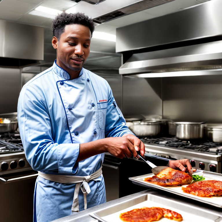 A chef in a professional kitchen checking the temperature of cooked ...