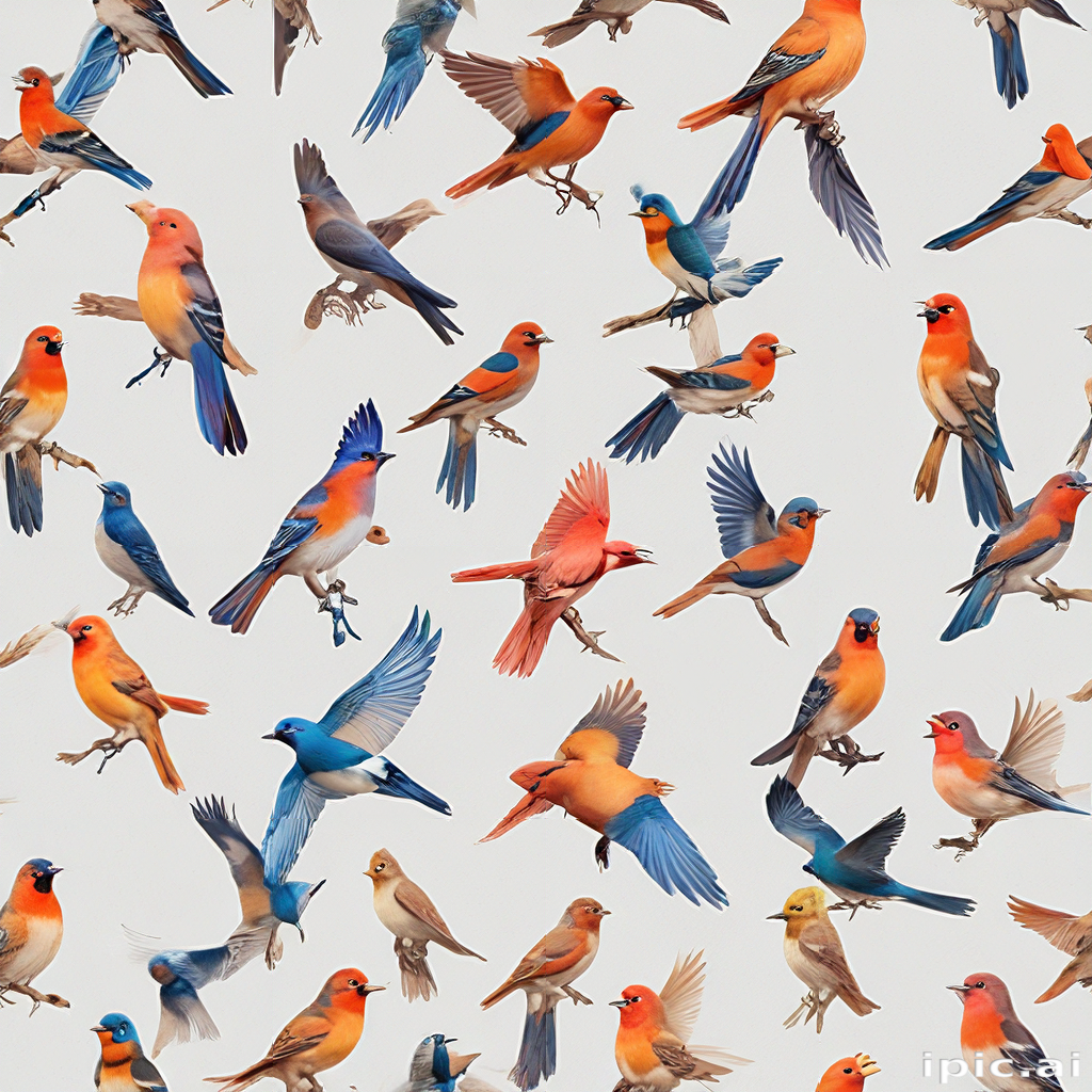 A Colorful Array of Birds in Various Poses and Flight Patterns.