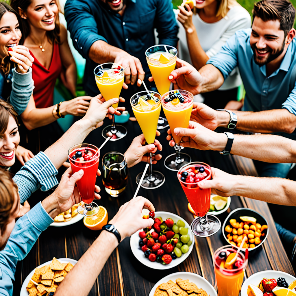 People having a party with drinks, snacks and chats.