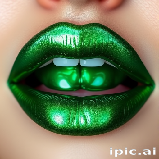 Vibrant Green Metallic Lips with a Glossy Finish and Shimmering Appeal