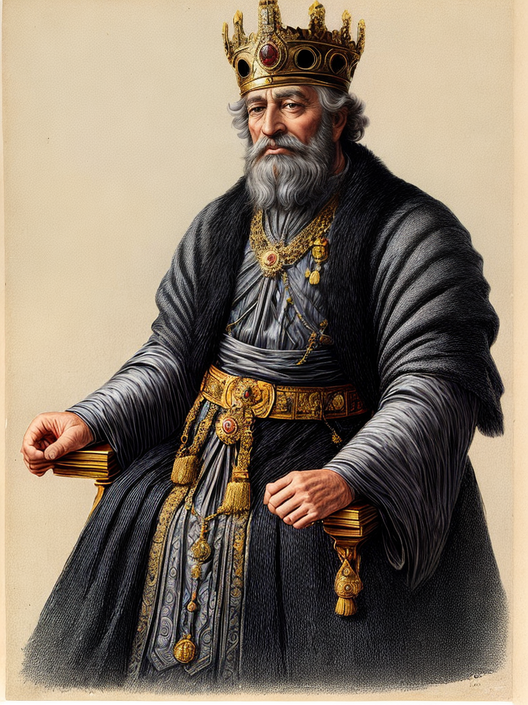 Midieval king in his mid fifties with a crown and a gray beard.