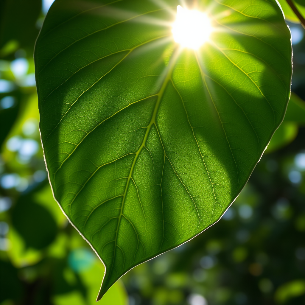 Photograph a large green leaf backlit by sunlight with a focus on its ...