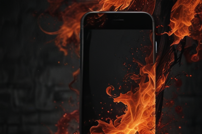Smartphone Surrounded by Intense Flames in a Dark, Dramatic Background
