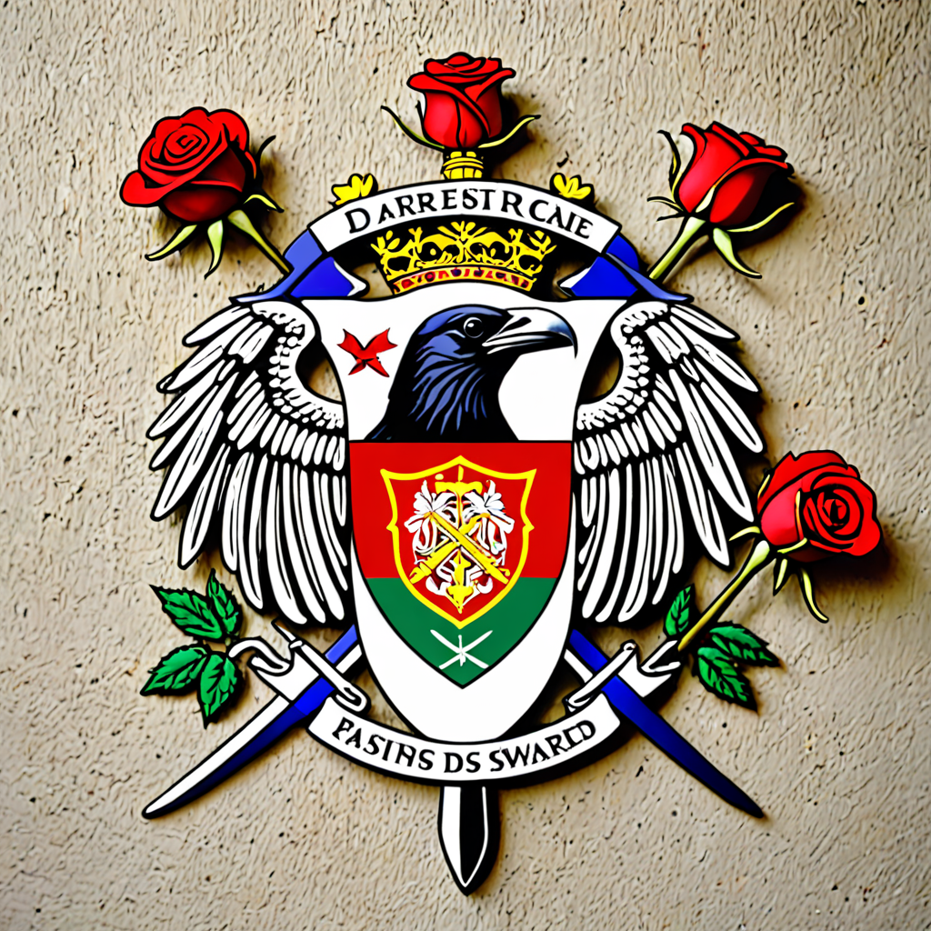 coat of arms, 1 raven, 3 roses, 2 swords designed as a patch, on a wall ...