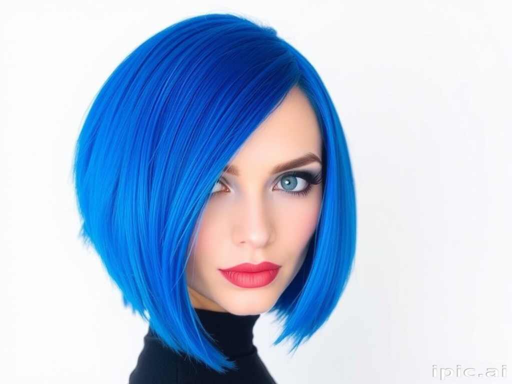 Vibrant Blue Bob Hairstyle with Bold Makeup and Striking Features