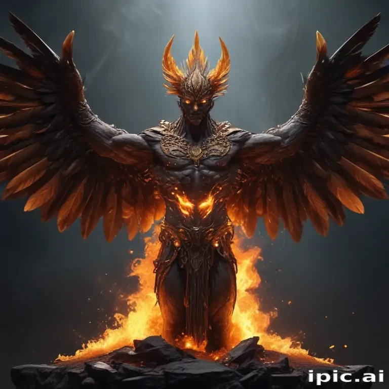Majestic Fiery Being with Wings Rising from Molten Lava Below