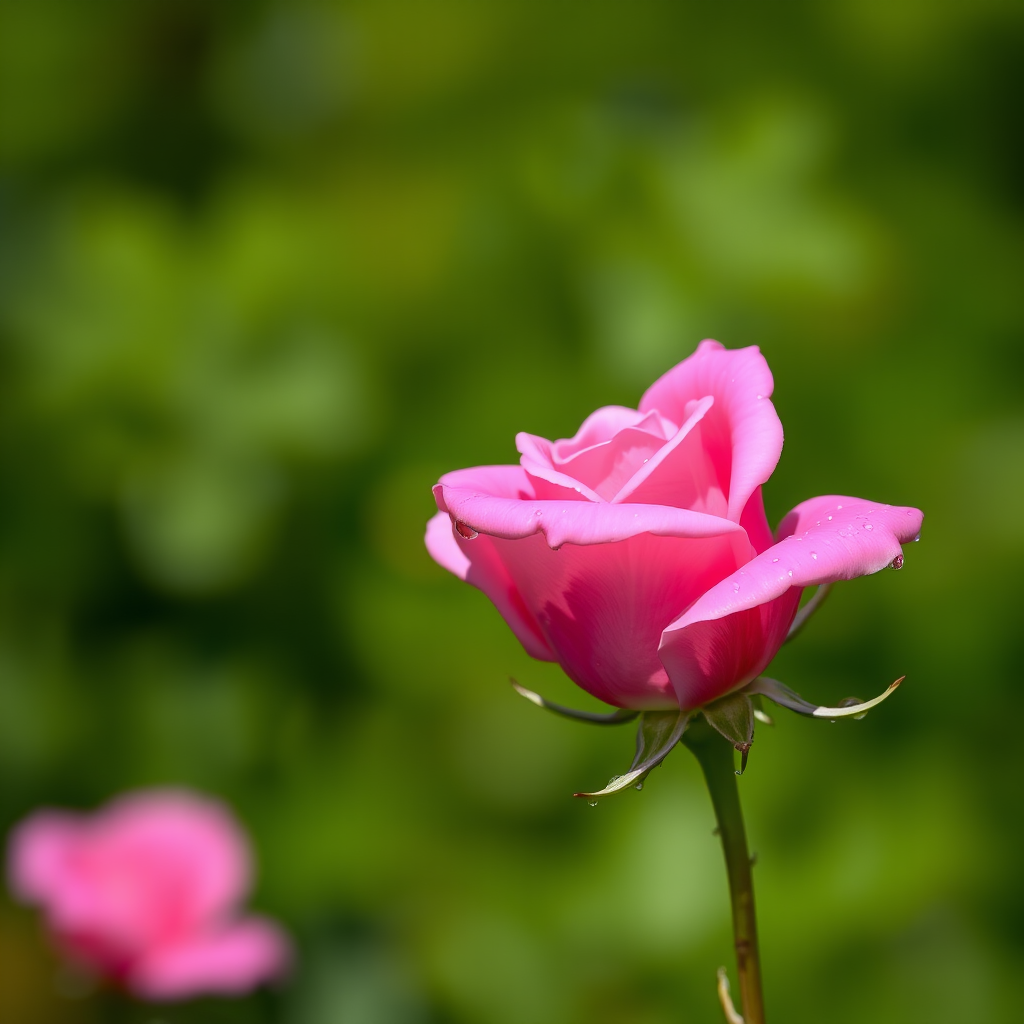 Pink rose in full bloom with dew drops against a blurred green ...