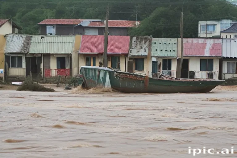 Severe Flooding in Residential Area with a Stranded Boat Amid Raging Waters