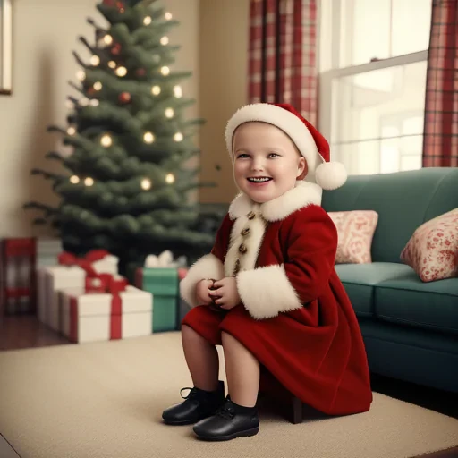 Joyful Child in Santa Outfit Sitting by Christmas Tree with Gifts