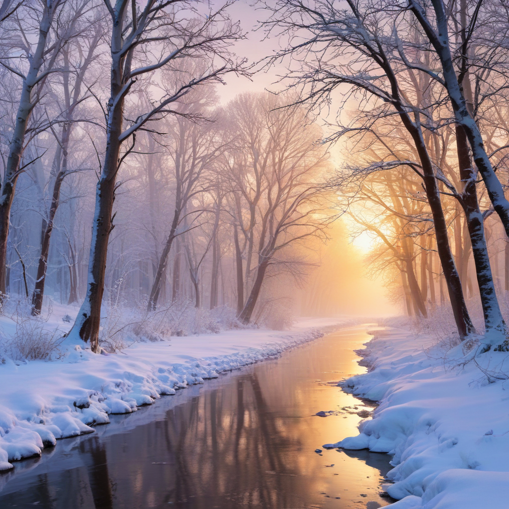 Serene Winter Landscape with Snowy Trees and a Glowing Sunset Reflection
