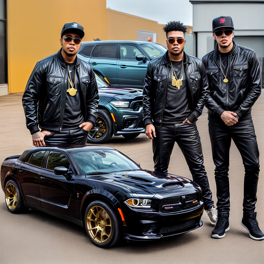 rapper Hunxho with money and gold and a Dodge Hellcat Charger