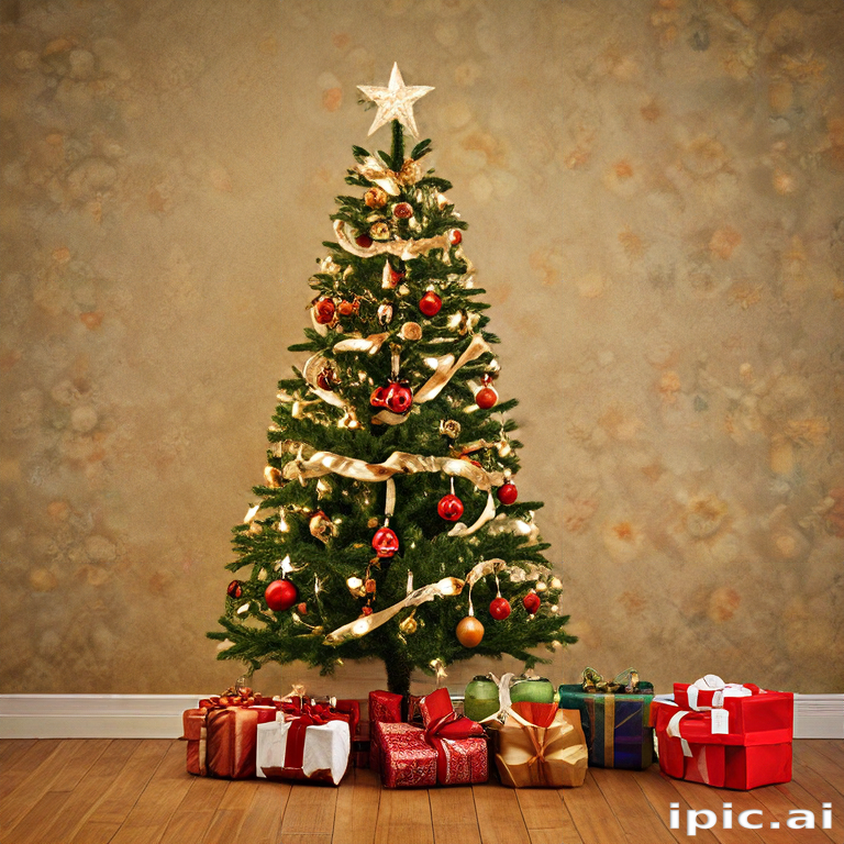 Festive Christmas Tree Decorated with Ornaments and Surrounded by Gifts