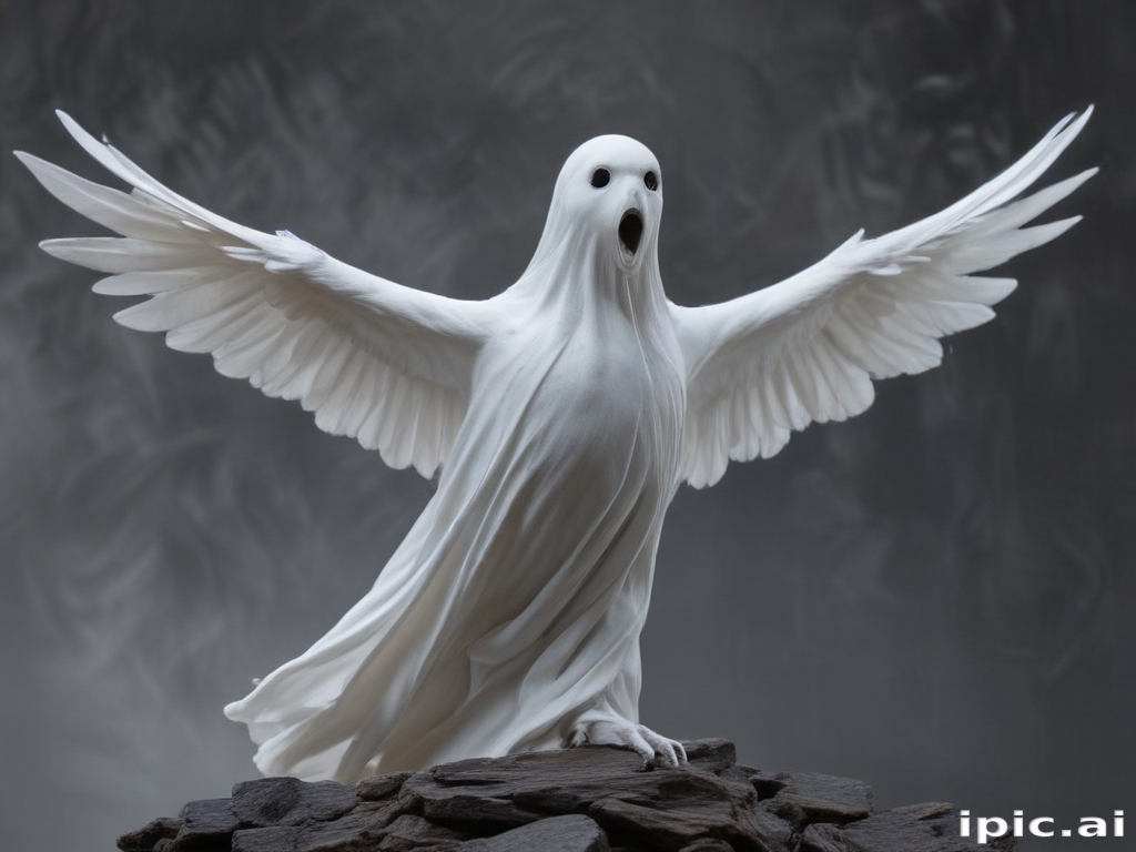 A Majestic White Ghost with Outstretched Wings in a Misty Background.