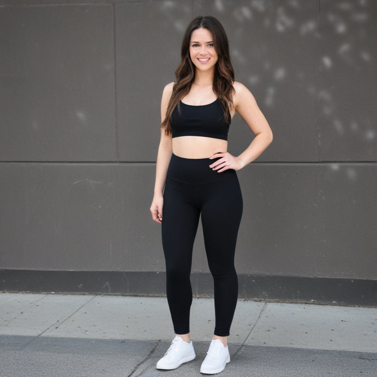 College Woman With A Bloated Belly In High Waisted Leggings