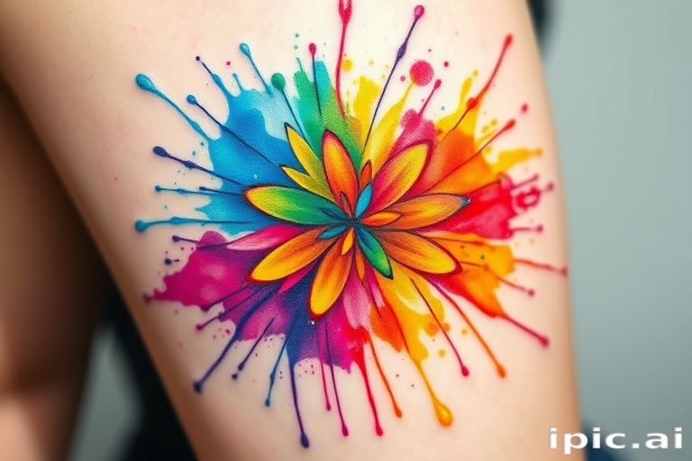 Vibrant and Colorful Flower Tattoo Design with Dynamic Paint Splash Effects