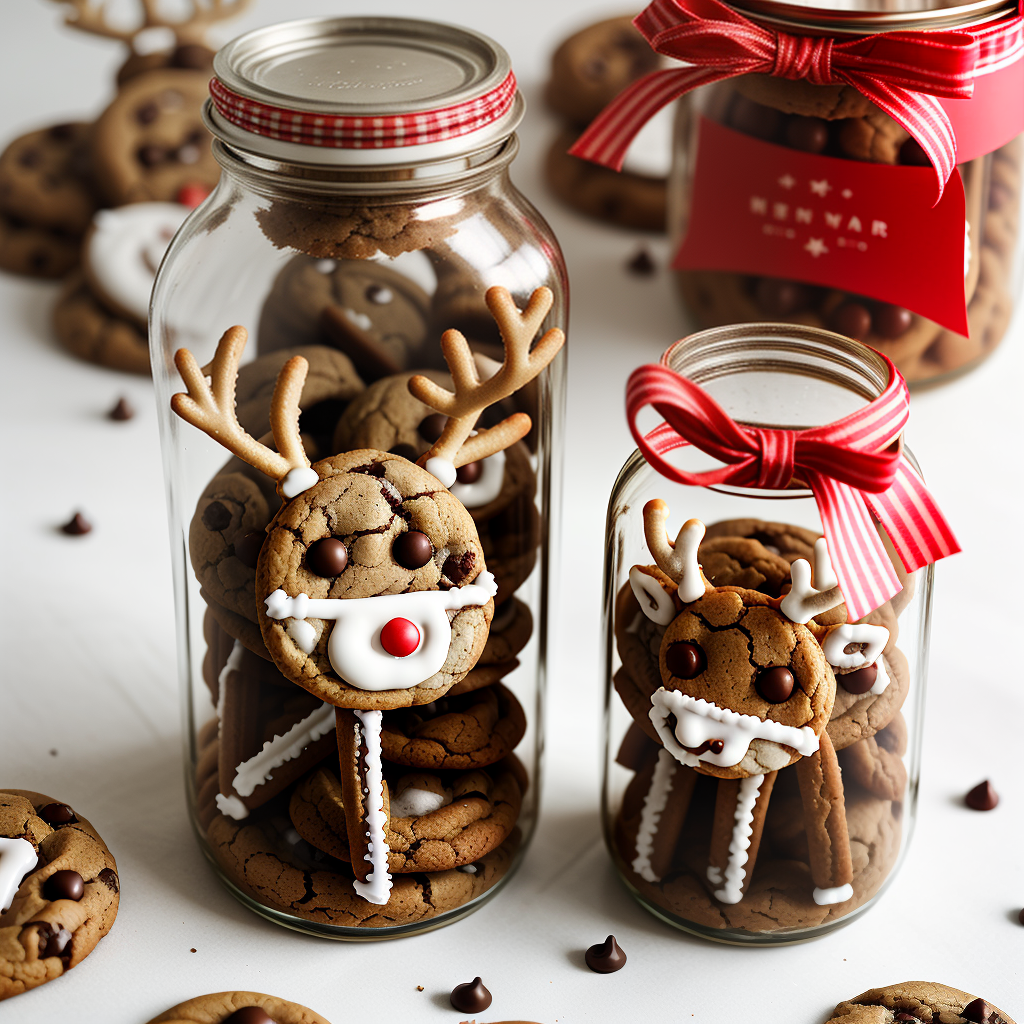 Festive Gingerbread Cookies Shaped Like Reindeer in Decorative Jars