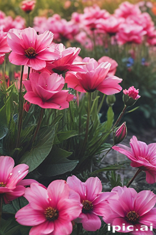 A Vibrant Display of Pink Flowers Blooming in a Sunlit Garden.