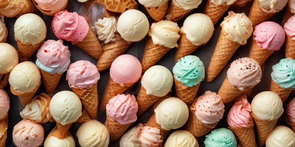 A Colorful Array of Ice Cream Cones in Various Flavors and Textures.