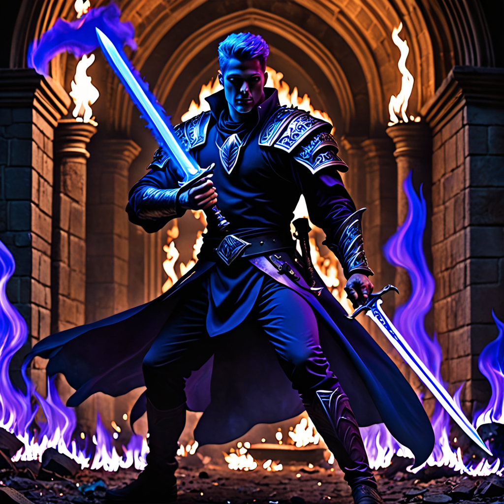 powerful guy with a dagger and blue-purple flames around him