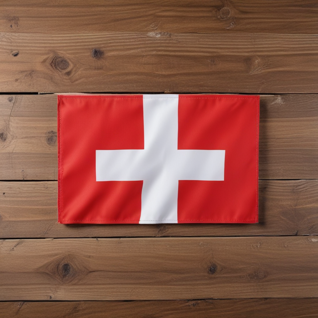 A Swiss flag on a wooden desk