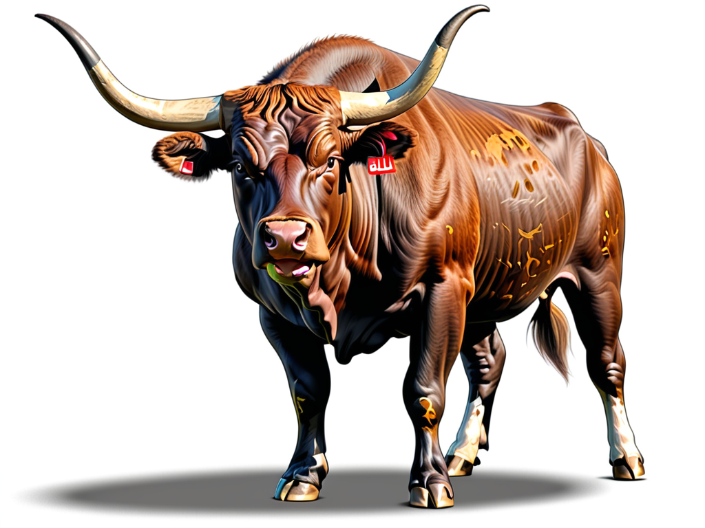 A Majestic Brown Bull With Distinctive Horns and Unique Markings Stands ...